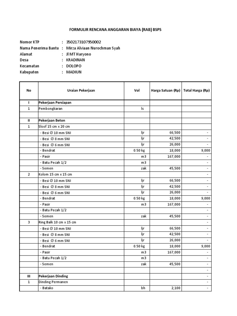 Rencana Anggaran Biaya Pembangunan Rumah untuk Penerima Bantuan Sosial (RAB BSPS) | PDF