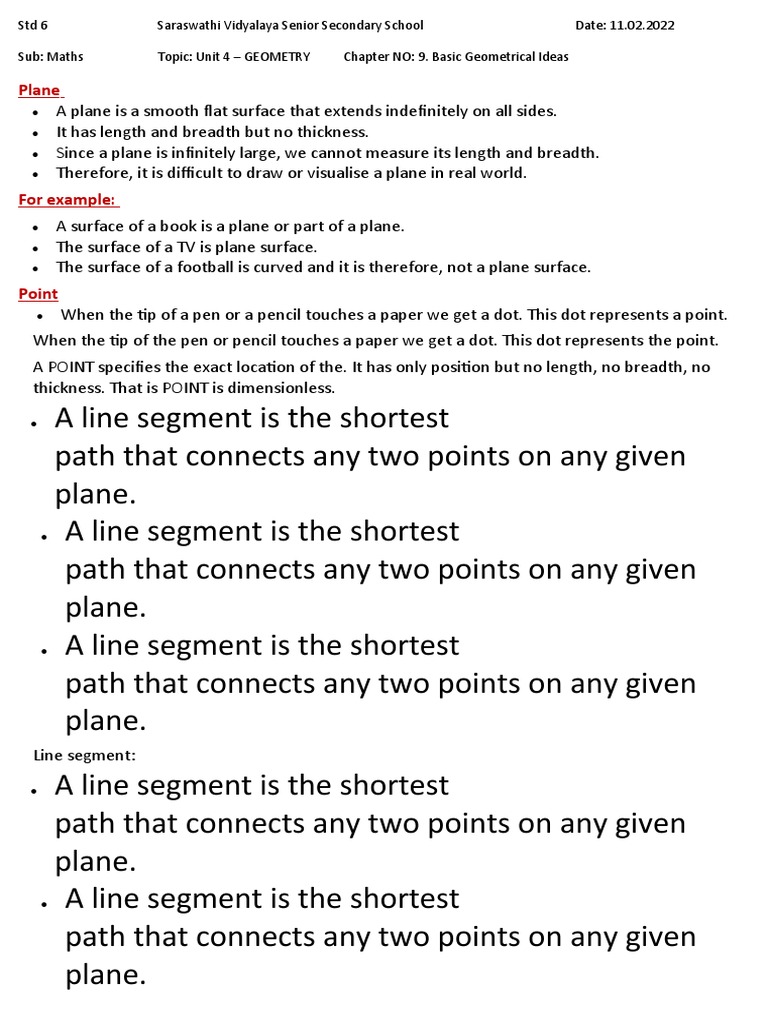 STD 6 Basic Geometrical Ideas NOTES | PDF | Plane (Geometry) | Length