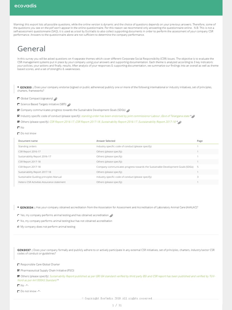 Ecovadis Survey Full 3 07 2019 | PDF | Dangerous Goods | Occupational ...