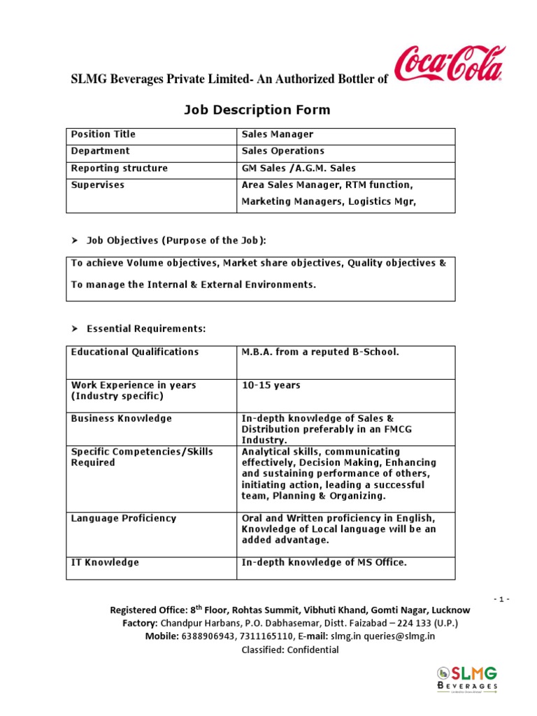 SLMG Beverages Private Limited An Authorized Bottler Of Job Description