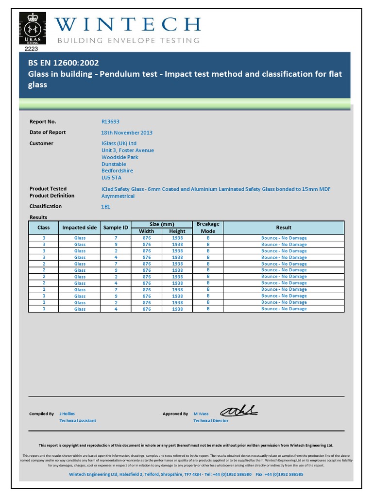 BS EN 12600:2002 Glass in Building - Pendulum Test - Impact Test Method ...