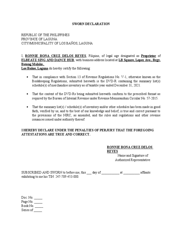 Sworn Declaration for Business Inventory | PDF