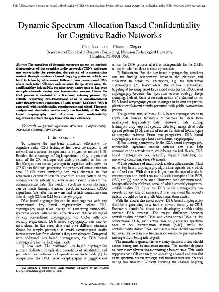 Dynamic Spectrum Allocation Based Confidentiality For Cognitive Radio Networks Pdf