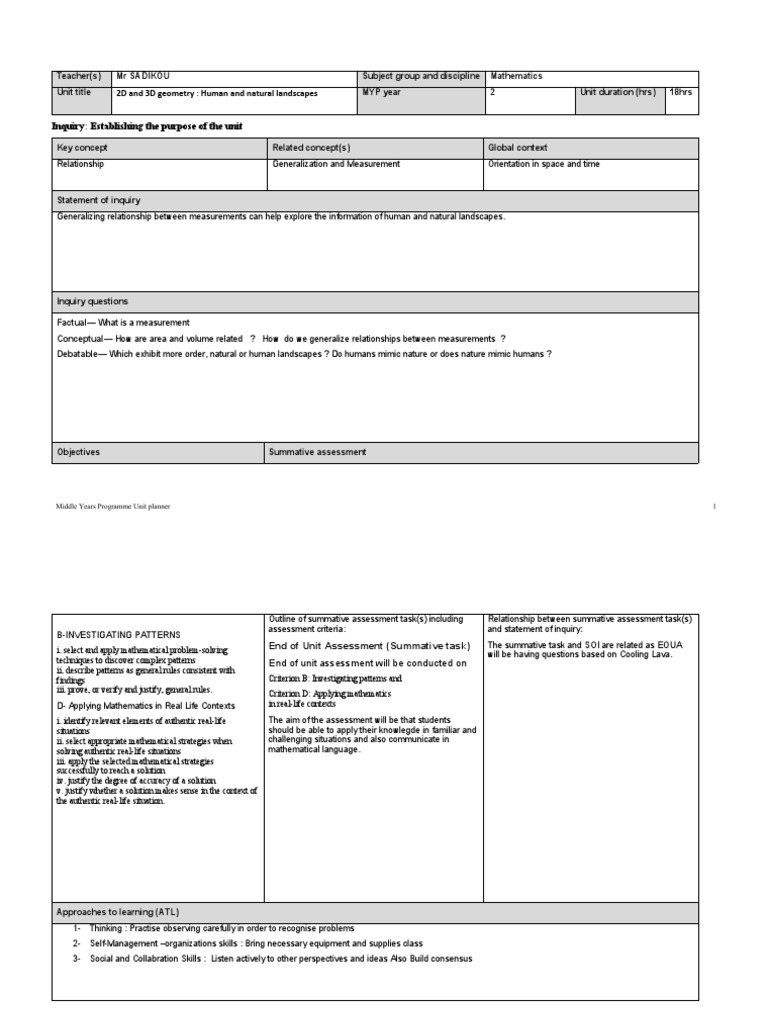 MYP - Unit - Planner MYP 2 4th MP | PDF | Area | Mathematics