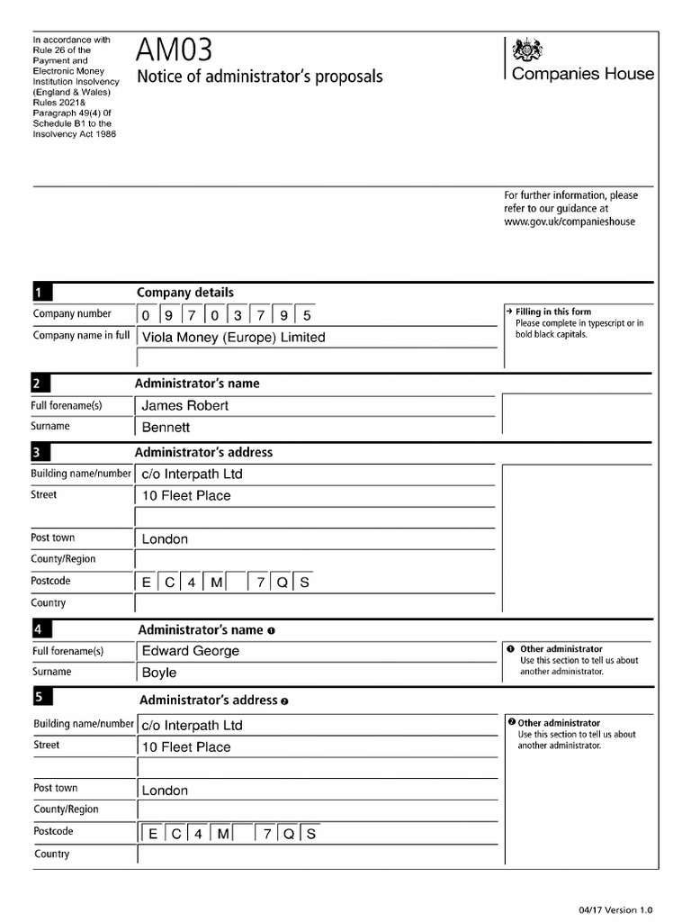 Viola Money (Europe) LTD Administrators Proposal 02-2022 | PDF