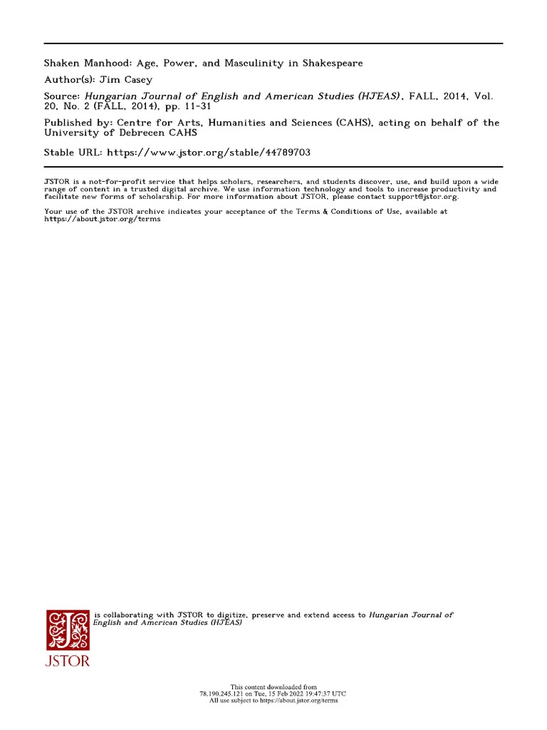 Shaken Manhood - Age, Power, and Masculinity in Shakespeare | PDF