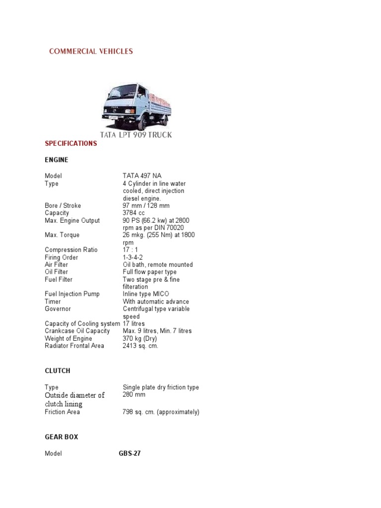 Tata 909 Truck Specifications Overview | PDF | Horsepower | Brake