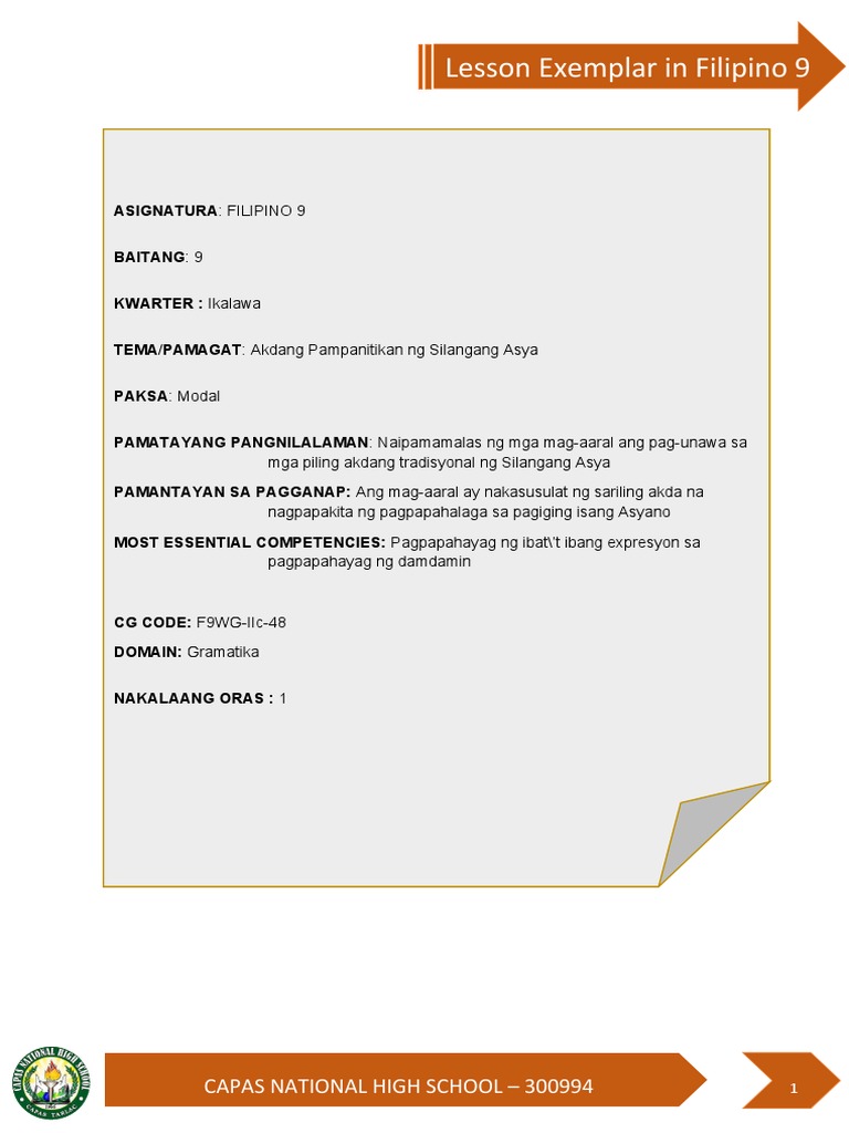 LESSON EXEMPLAR Filipino 2.25 | PDF