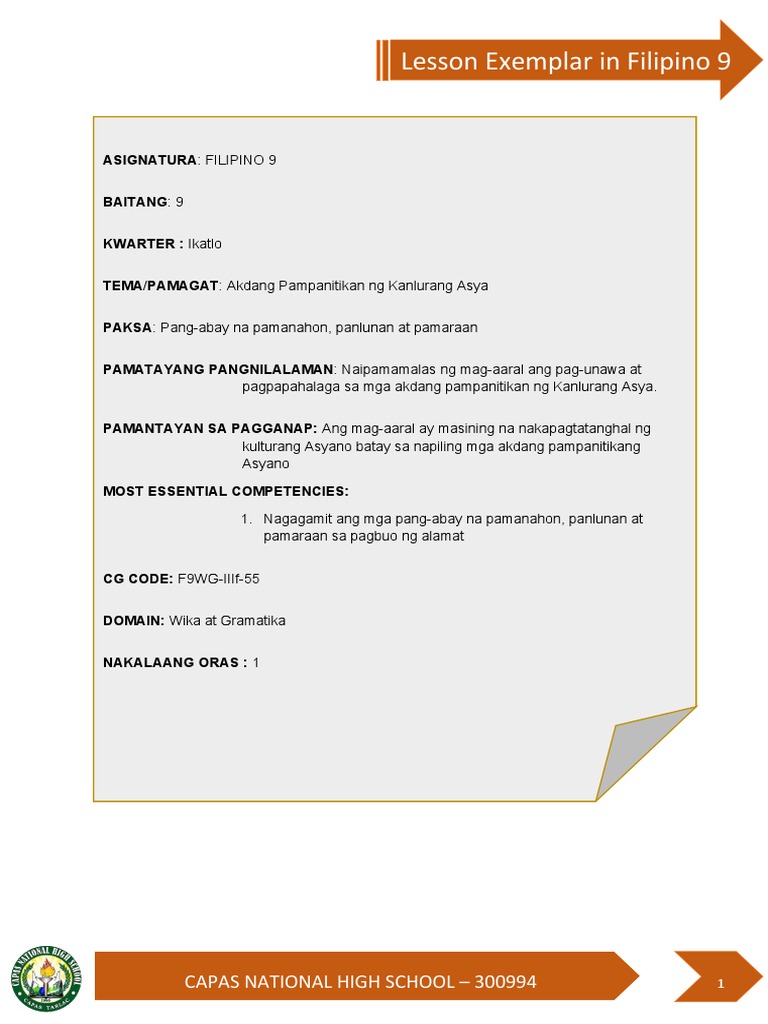 LESSON EXEMPLAR Filipino 3.15 | PDF