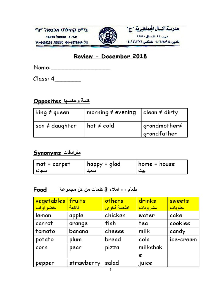 4th Grade Test Review Semester I - 2018 | PDF