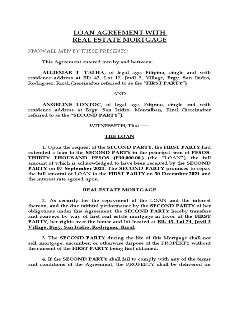 Loan Agreement With Real Estate Mortgage | PDF | Mortgage Law | Loans