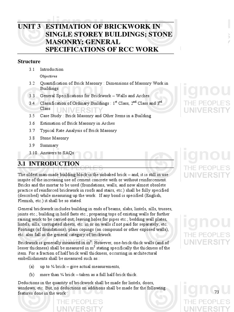 Unit 3 Estimation of Brickwork in Single Storey Buildings Stone Masonry ...