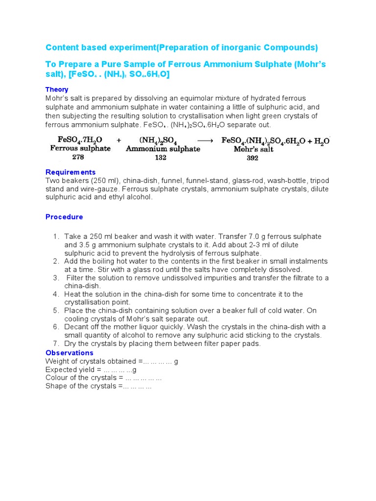 Content Based Experiment (Preparation of Inorganic Compound) | PDF