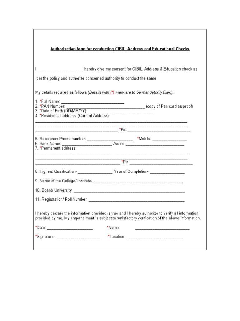 Authorization Form For Conducting CIBIL, Address and Educational Checks ...