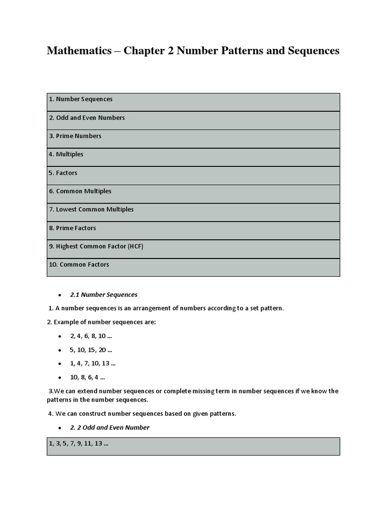 Mathematics - Chapter 2 Number Patterns and Sequences | PDF | Numbers ...