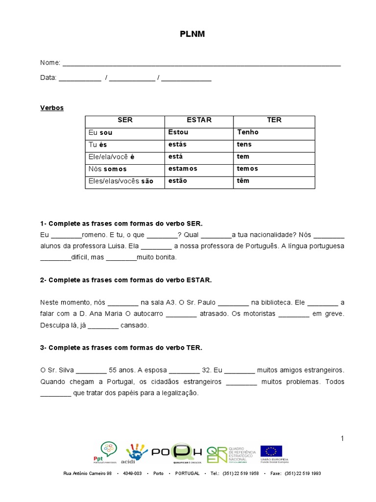 Exercícios de Verbos SER e ESTAR | PDF | Portugal