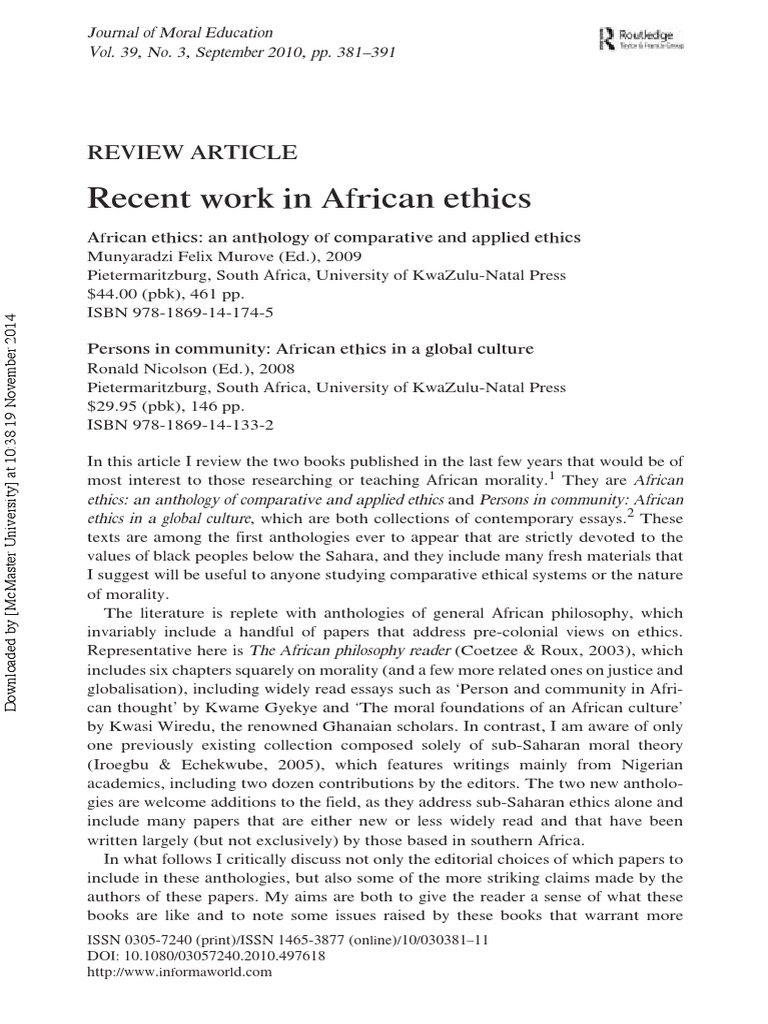 Recent Work in African Ethics: Review Article | PDF | Applied Ethics
