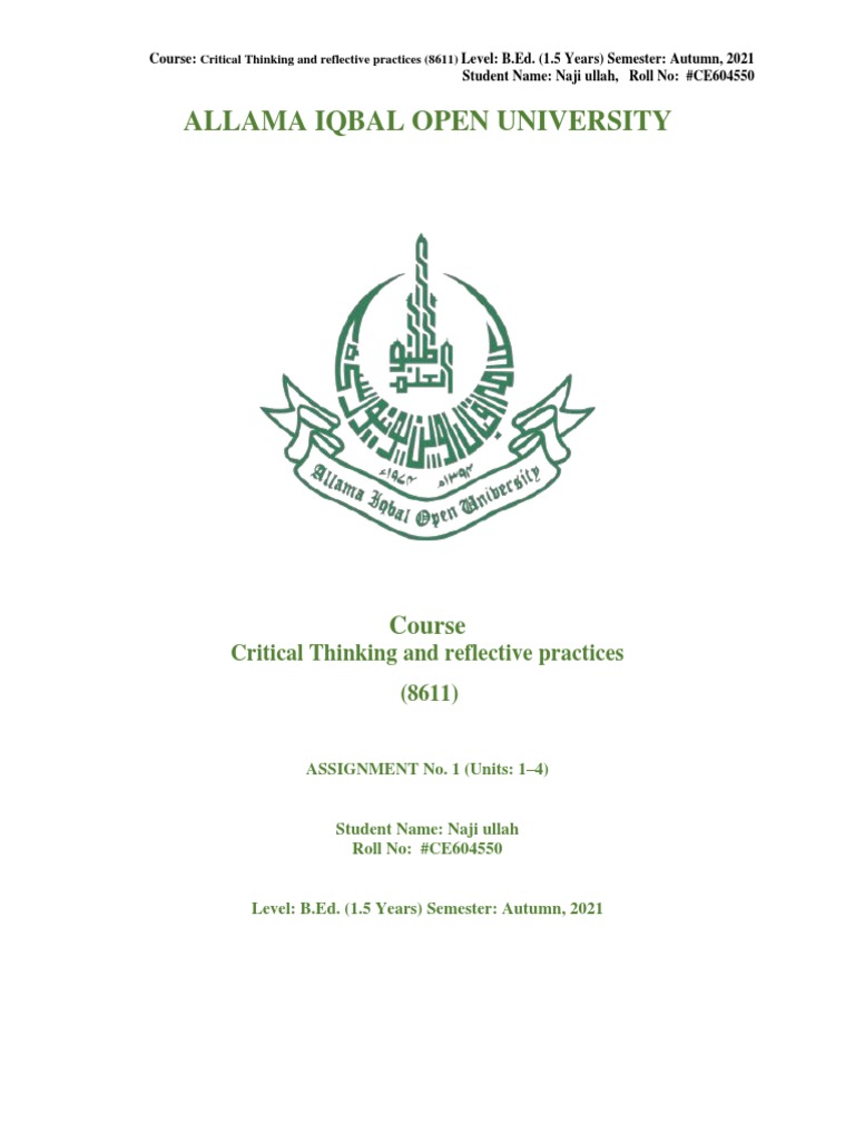 Critical Thinking and Reflective Practices (8611) Assign No 1 | PDF | Critical Thinking | Teachers