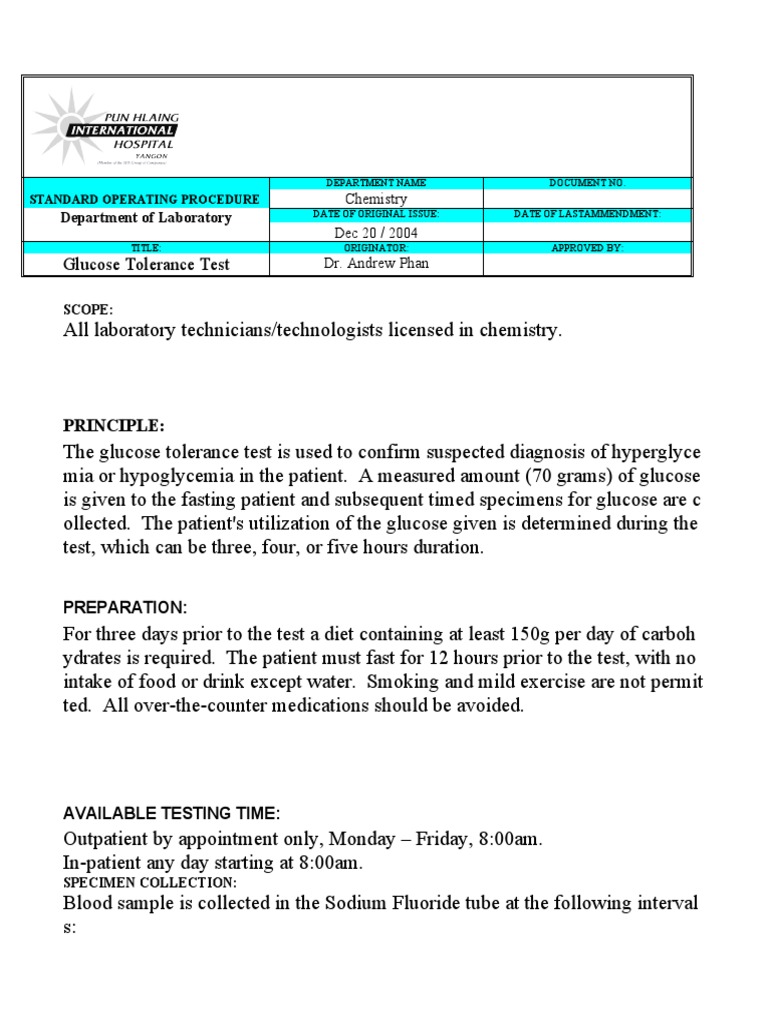 PHIH - SOP - Glucose Tolerance Test | PDF | Glucose | Clinical Medicine