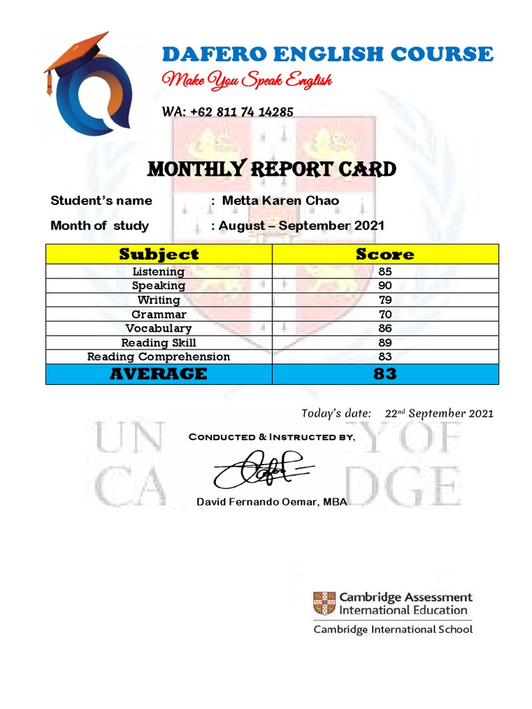 DAFERO ENGLISH COURSE MONTHLY REPORT CARD Metta2 | PDF