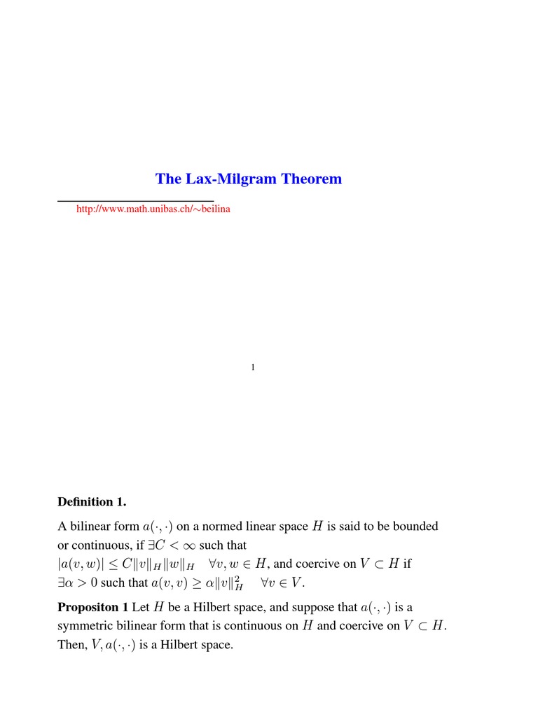Lax Milgram Theorem - Universität Basel | PDF | Hilbert Space | Continuous Function
