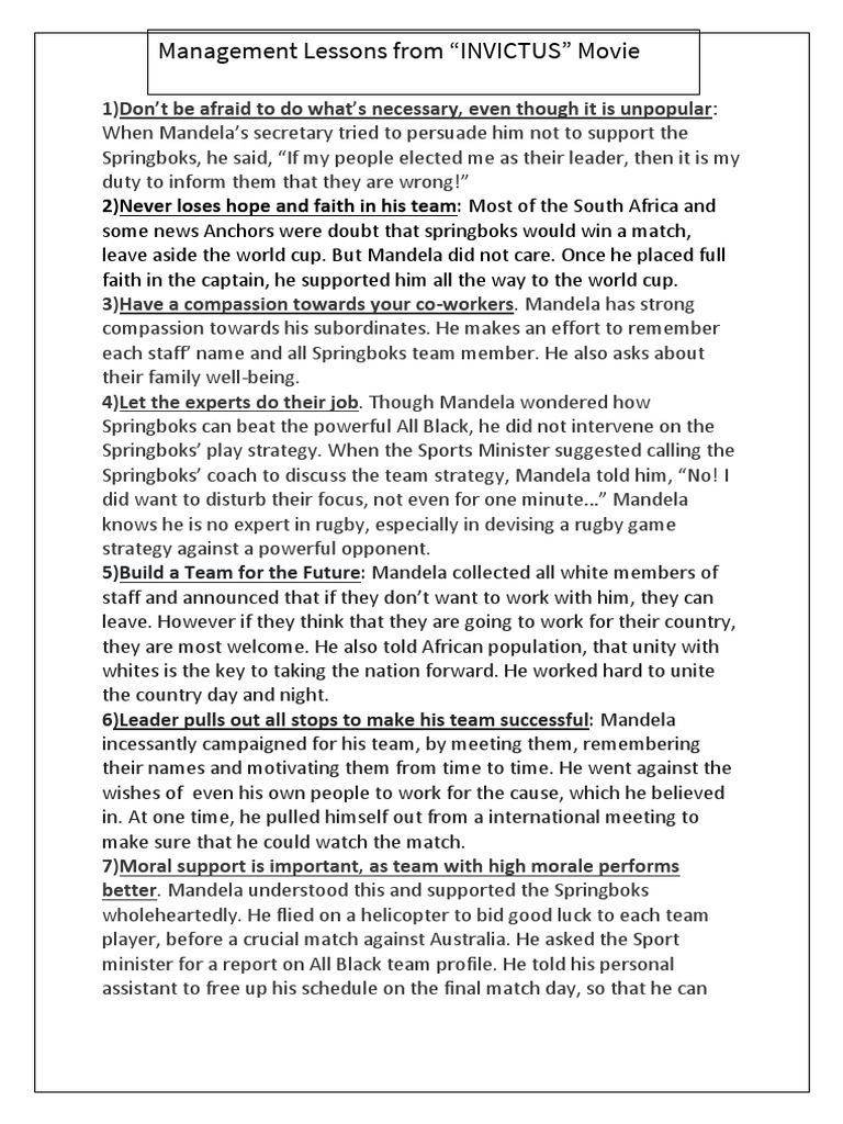 Management Lesson From Invictus Movie | PDF | South Africa National ...