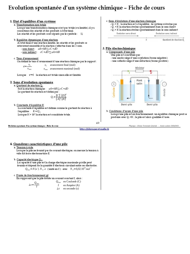Evolution Spontanee Fiche Cours | PDF | Équilibre chimique | Chimie