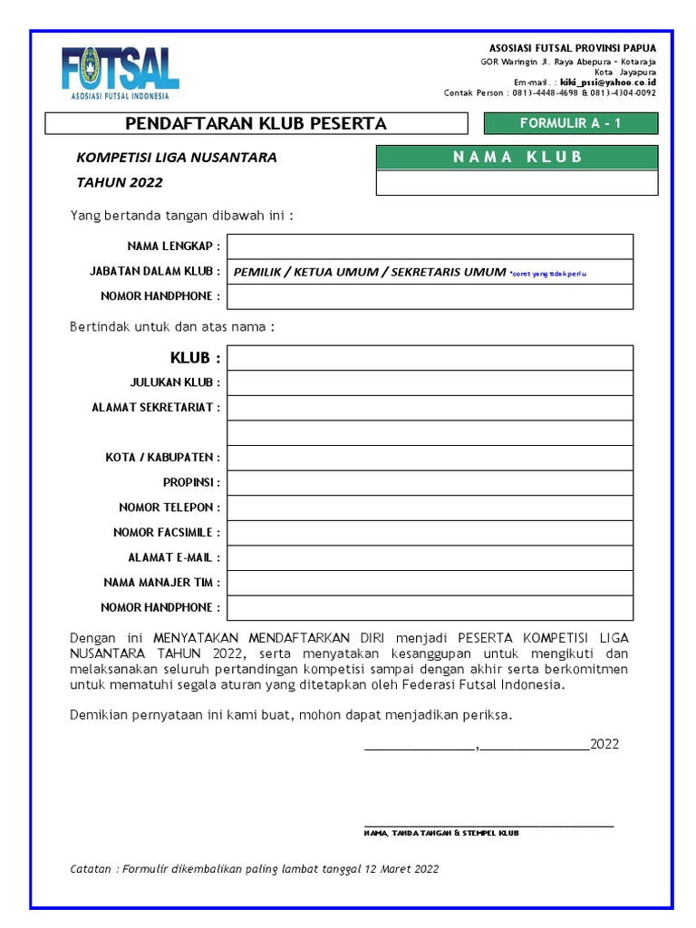 Pendaftaran Klub Liga Nusantara 2022 | PDF