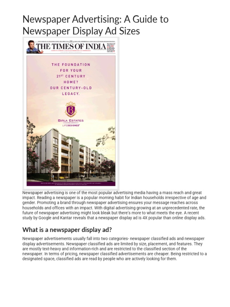 Newspaper Advertising: A Guide To Newspaper Display Ad Sizes | PDF ...