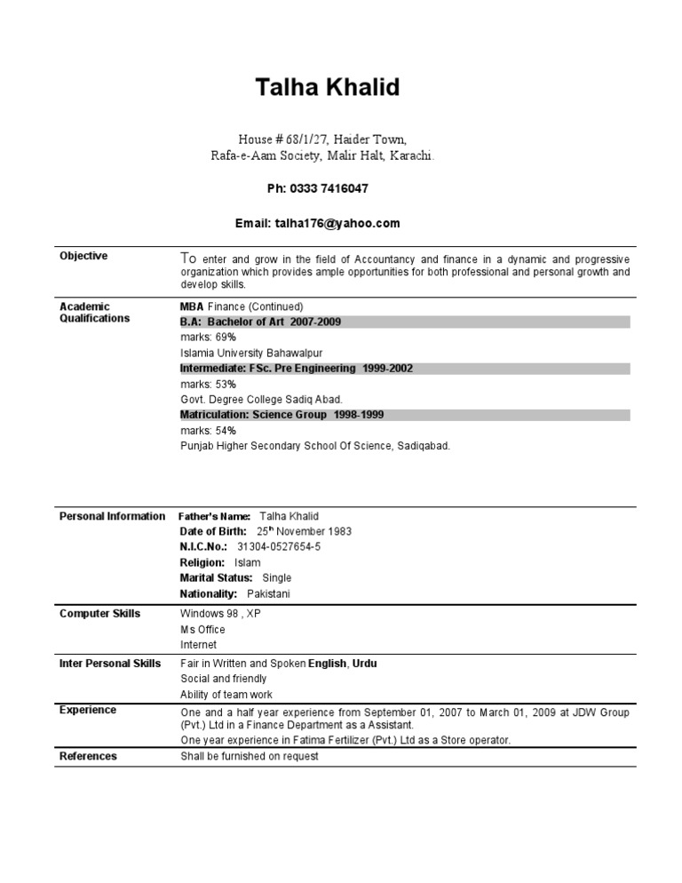 Talha Khalid's Finance CV | PDF