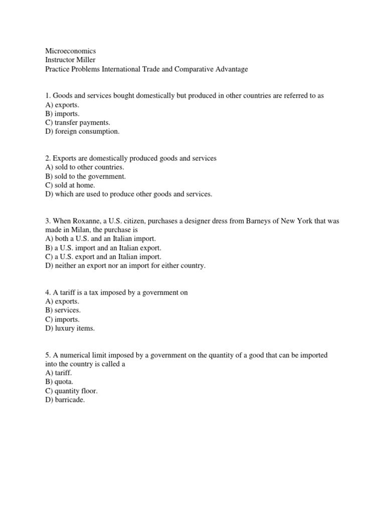 Practice Problems Ch. 9 International Trade and Comparative Advantage ...