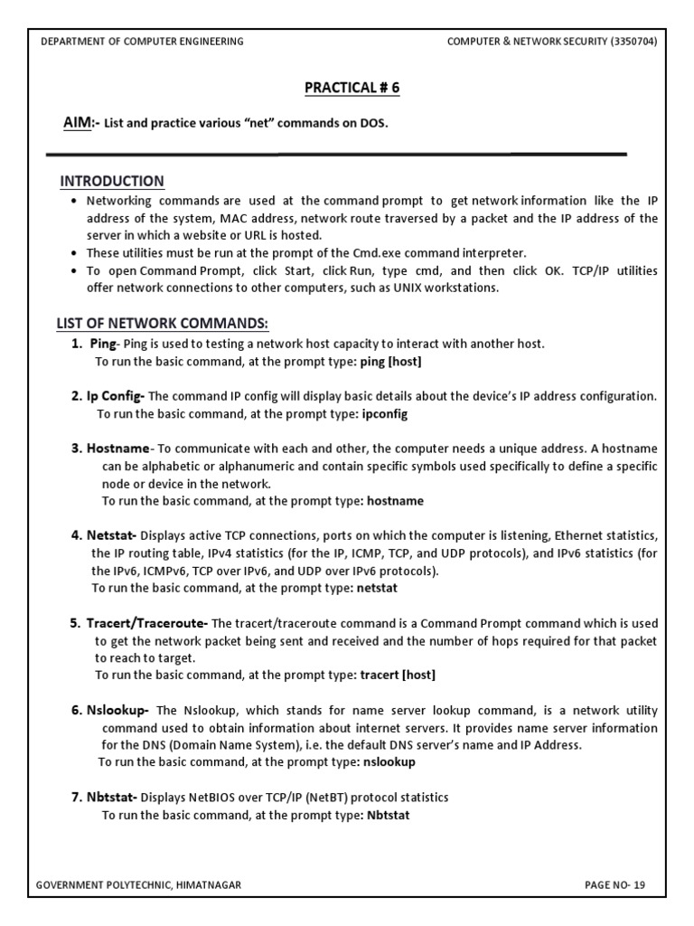 Practical # 6 AIM:-: List and Practice Various "Net" Commands On DOS | PDF | Internet Protocols ...