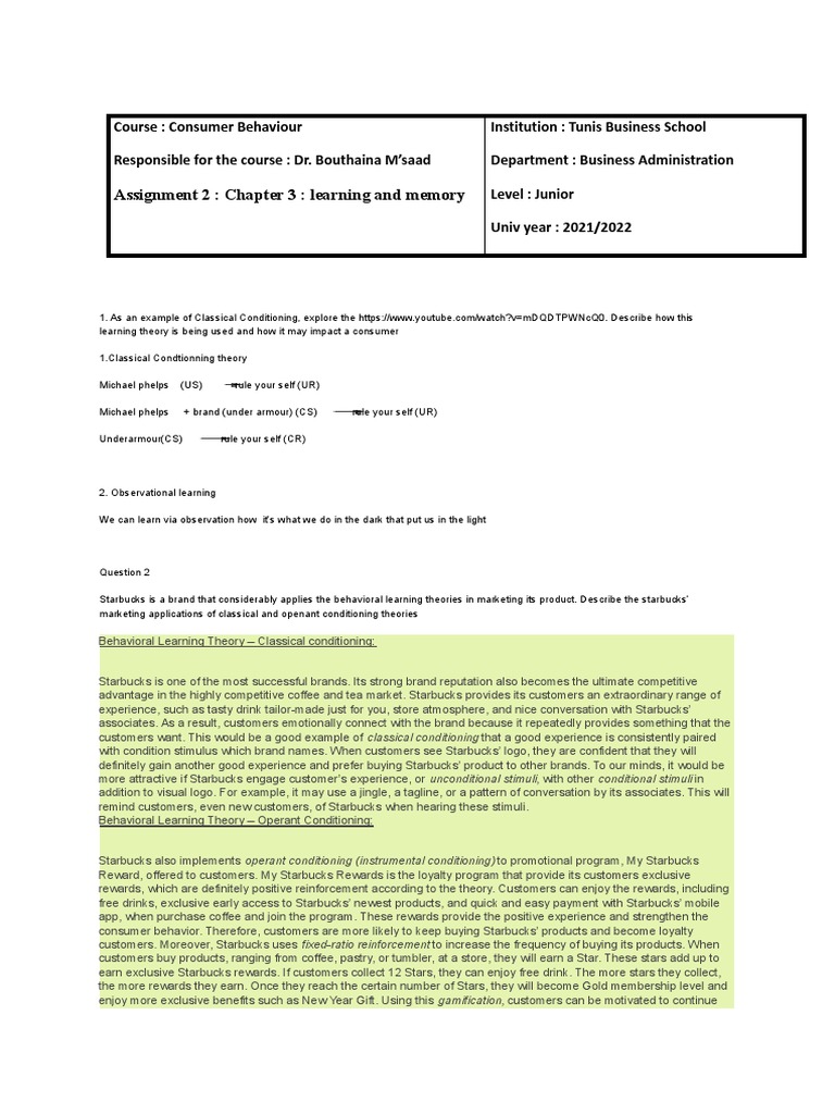 Assignment 2: Chapter 3: Learning and Memory | PDF | Classical Conditioning | Brand