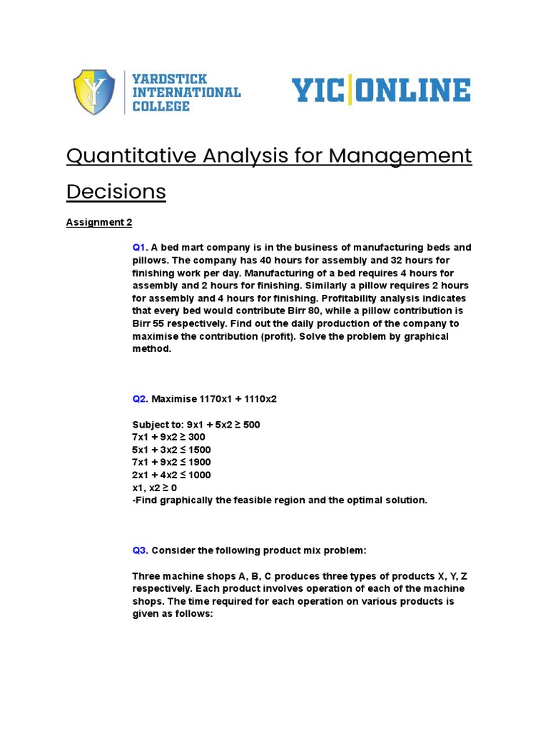 Qa Assignment 02 Pdf Linear Programming Computational Science 1852