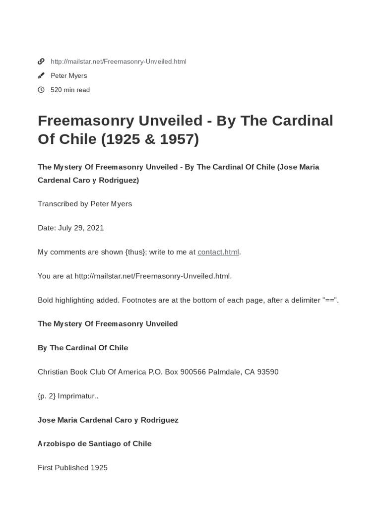 Freemasonry Unveiled - by The Cardinal of Chile (1925 & 1957) | PDF ...
