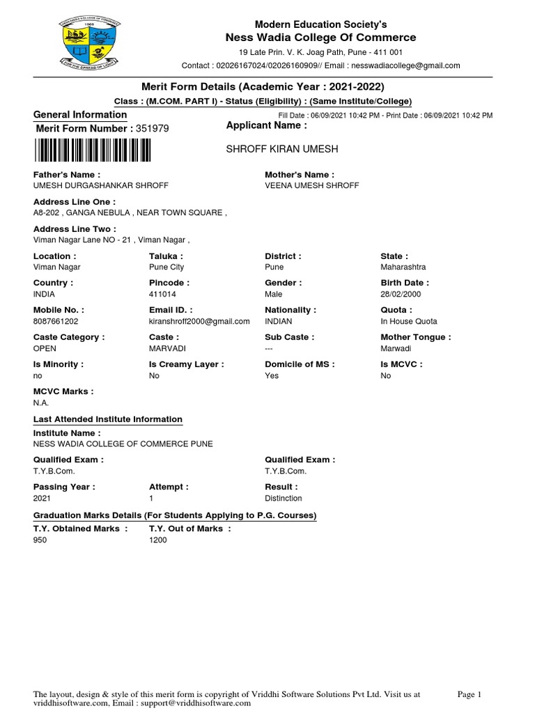 Merit Form Details (Academic Year: 2021-2022) : Ness Wadia College of ...