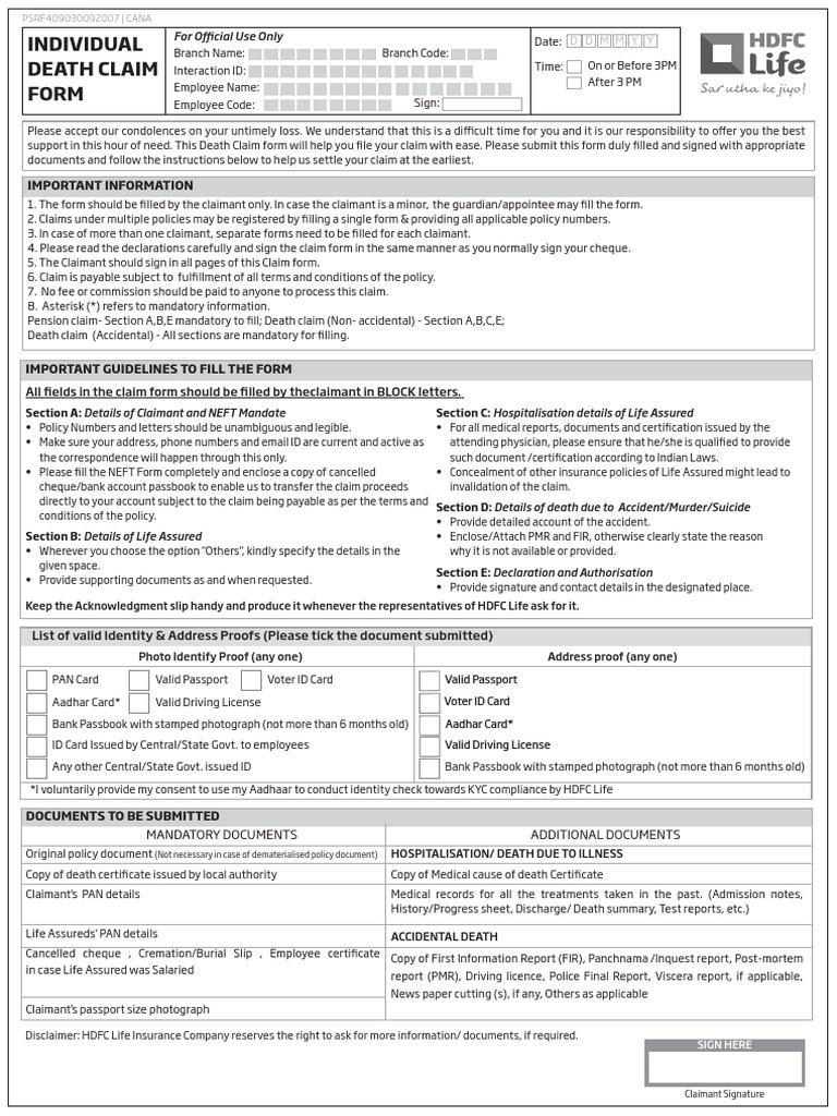 Individual Death Claim Form: Important Information | PDF | Identity ...