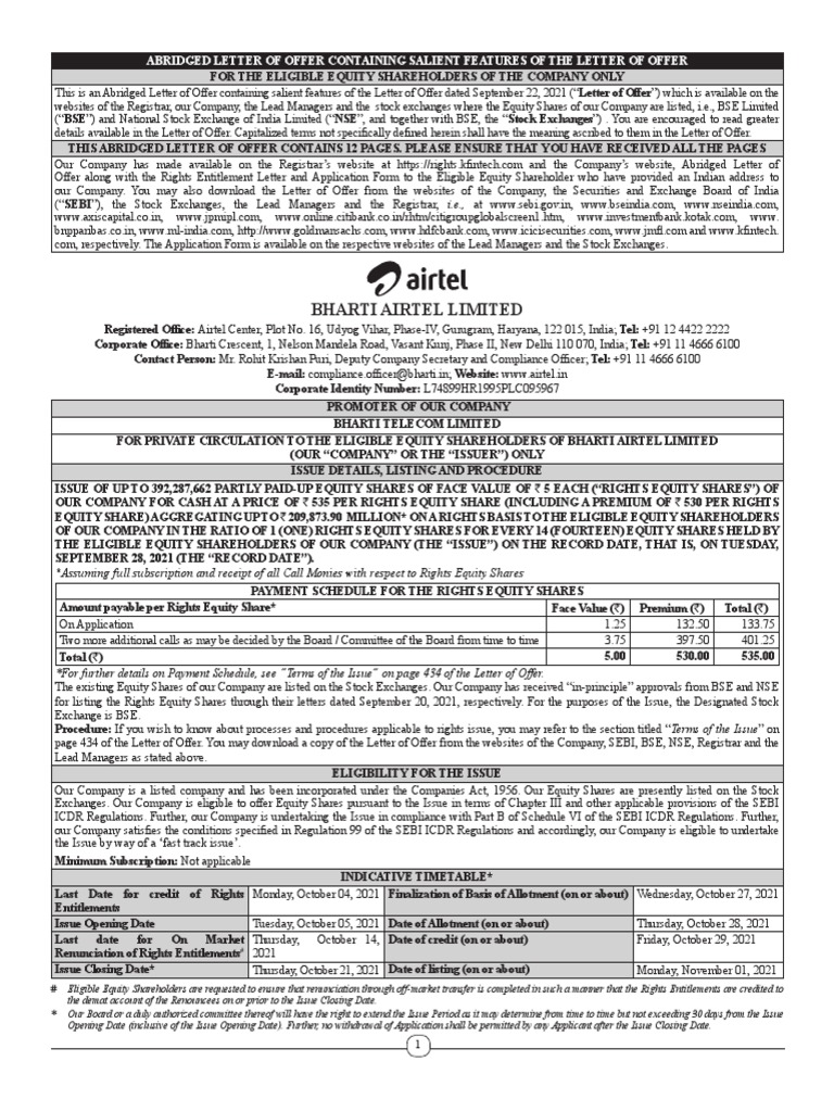 Abridged Letter of Offer Equity 01102021 | PDF | Stocks | Financial ...