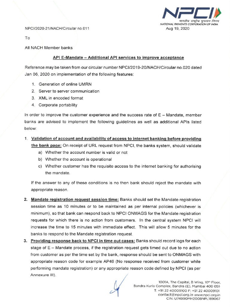 Circular No.011 - API E-Mandate - Additional API Services To Improve ...
