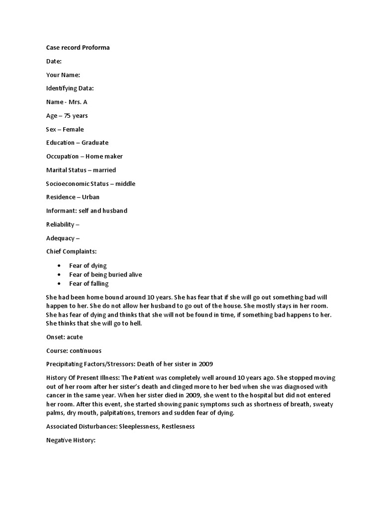 Case Record Proforma | PDF | Obsessive–Compulsive Disorder | Neuroscience