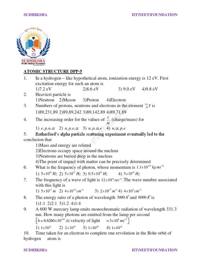 Atomic Structure Assignment 5 | PDF | Atoms | Electronvolt
