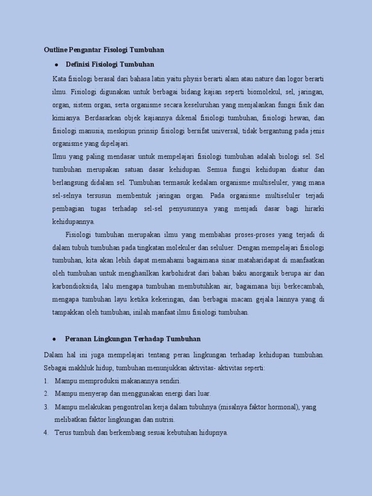 Outline Pengantar Fisologi Tumbuhan - KELOMPOK 1-1 | PDF