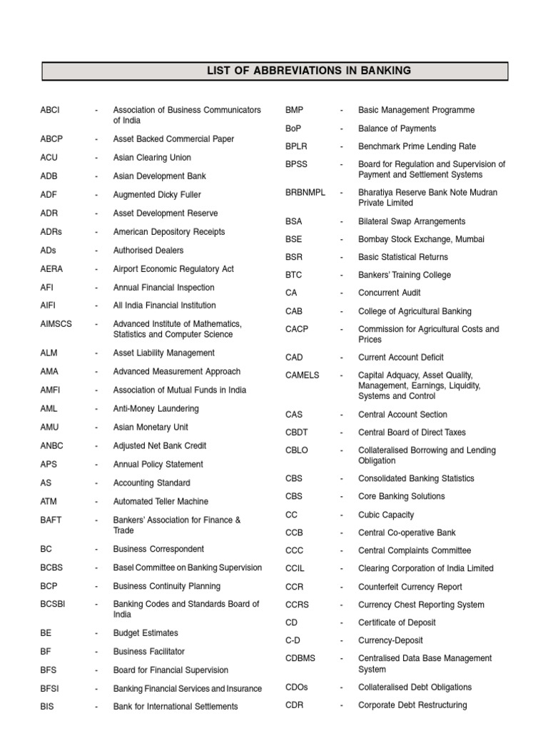 List of Abbreviations in Banking | Download Free PDF | Banks | Non Bank ...