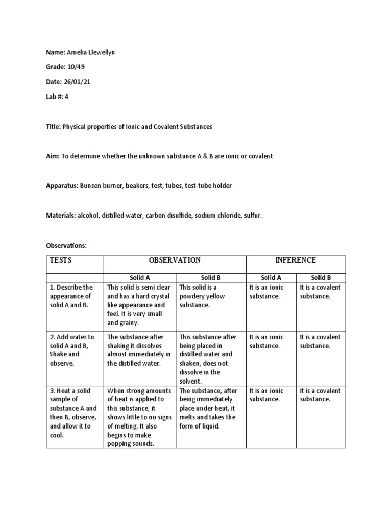LAB #4 Properties of Ionic and Covalent Compounds | PDF | Chemical ...