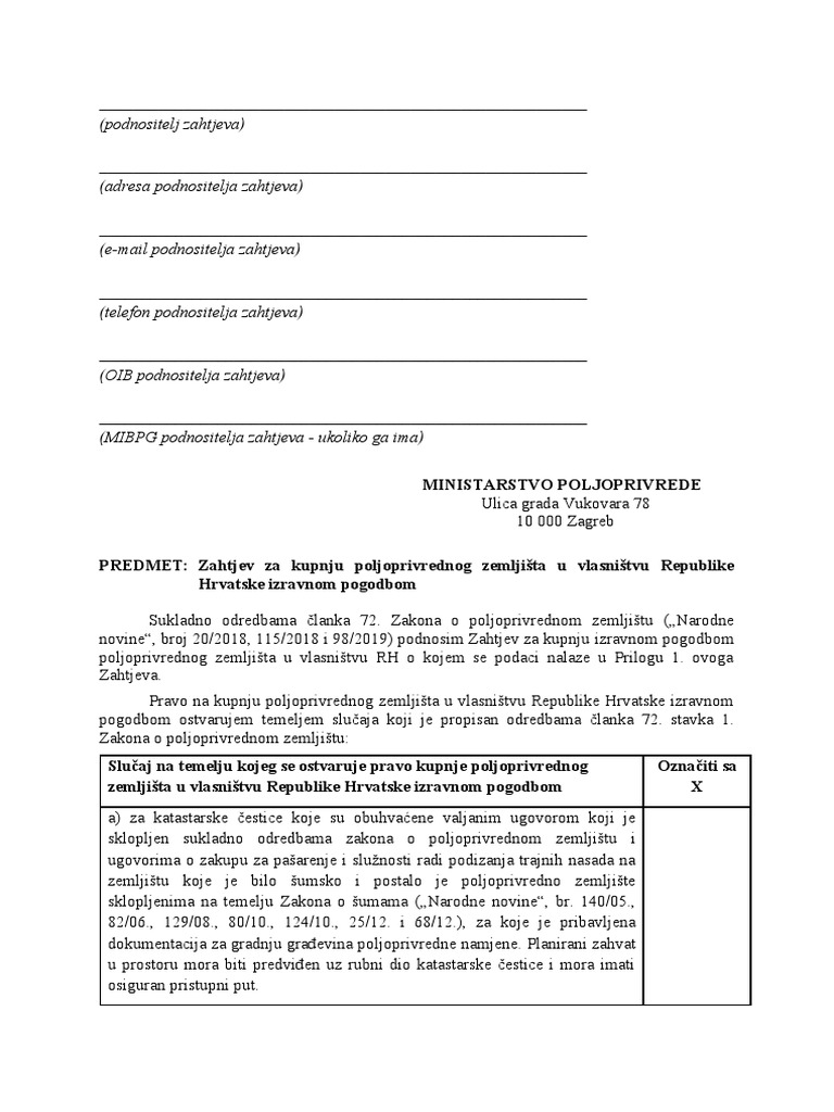 Obrazac Zahtjeva Za Kupnju Poljoprivrednog Zemljišta U Vlasništvu RH ...