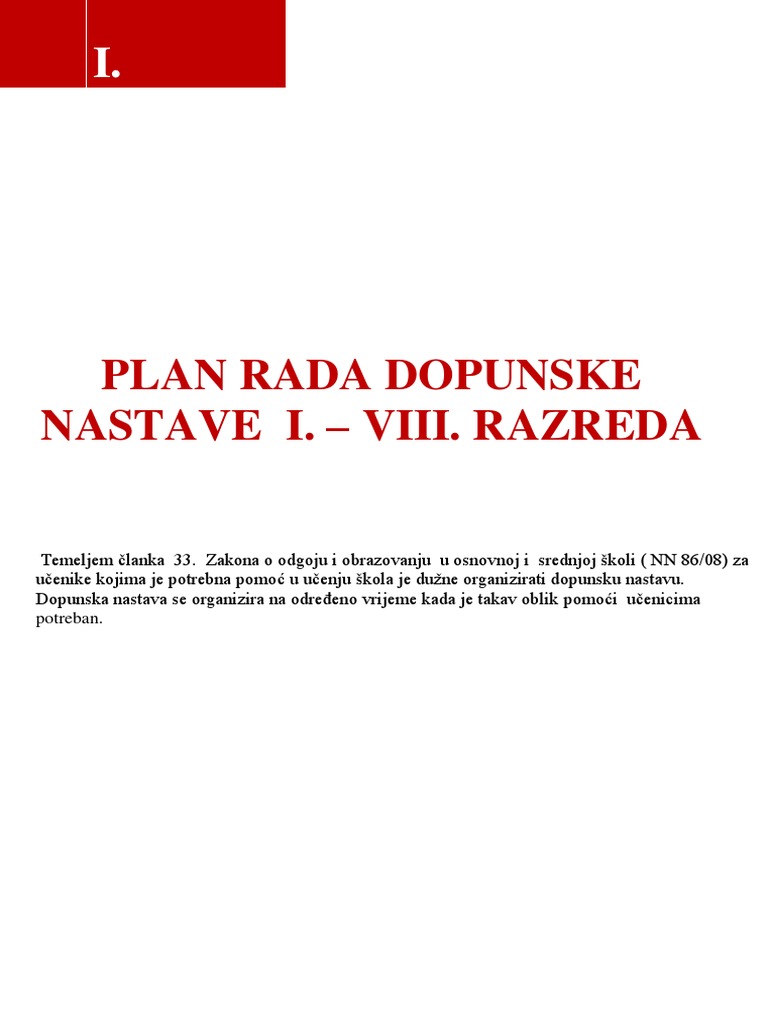 Plan Rada Dopunske Nastave Od I-Viii | PDF