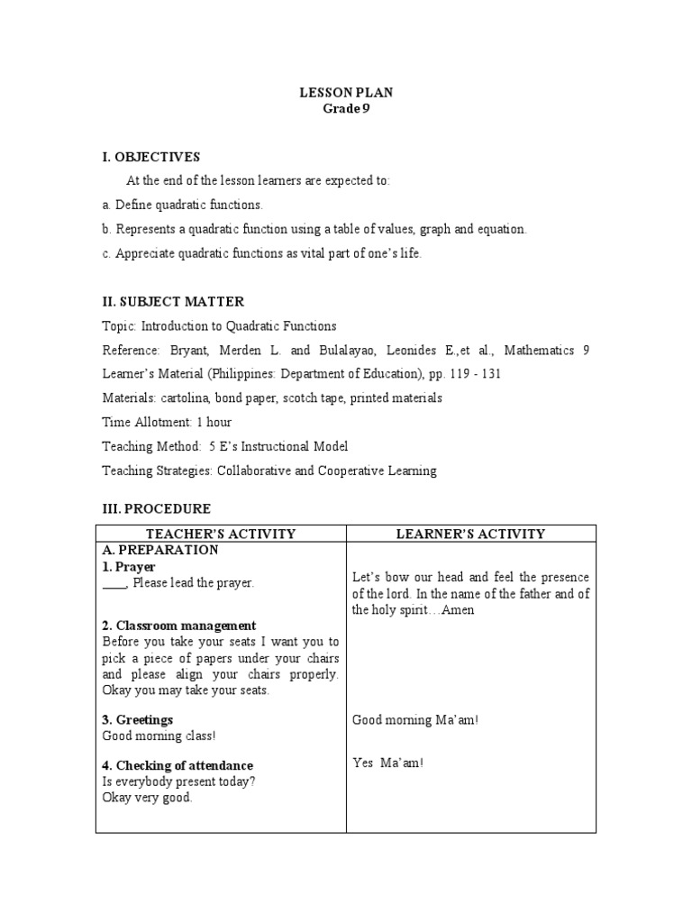Grade 9 Quadratic Functions Lesson Plan | PDF | Quadratic Equation ...