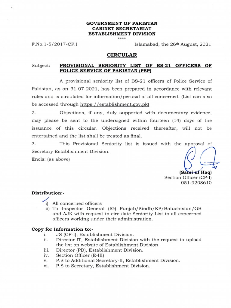 Circular: Government of Pakistan Cabinet Secretariat Establishment ...