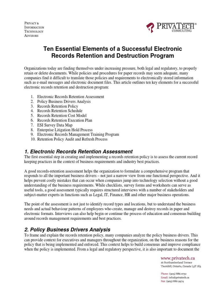 Ten Essential Elements of A Successful Electronic Records Retention and ...