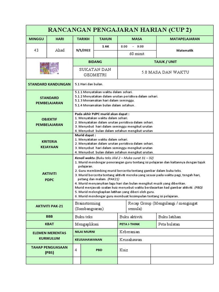 RANCANGAN PENGAJARAN HARIAN - MT THN 1 | PDF